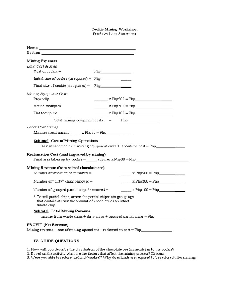Cookie Mining Profit & Loss Worksheet | PDF | Computers | Technology ...