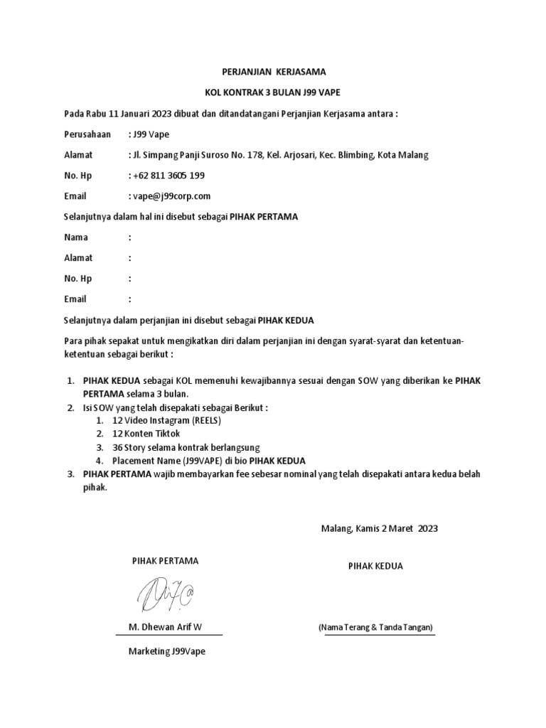 Perjanjian Kerjasama KOL 3 Bulan (Fhaneyy) | PDF