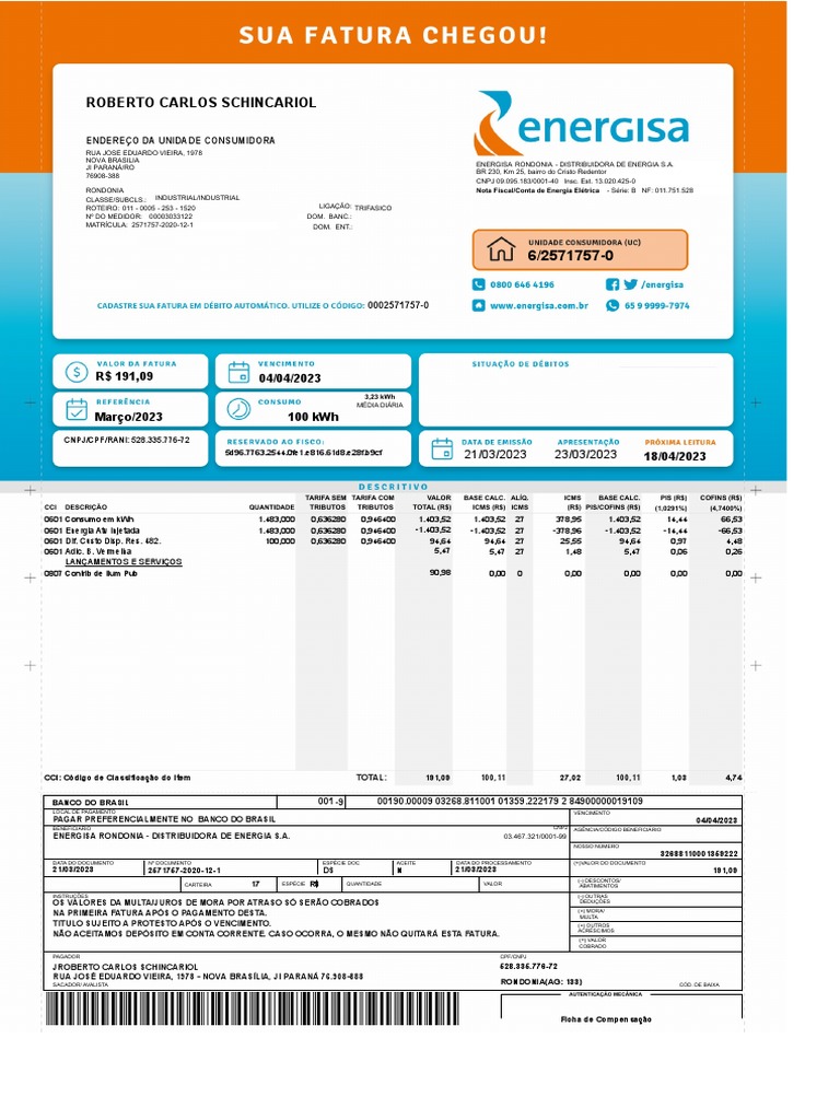 Fatura Energisa | Download grátis PDF | Economias | Corporações