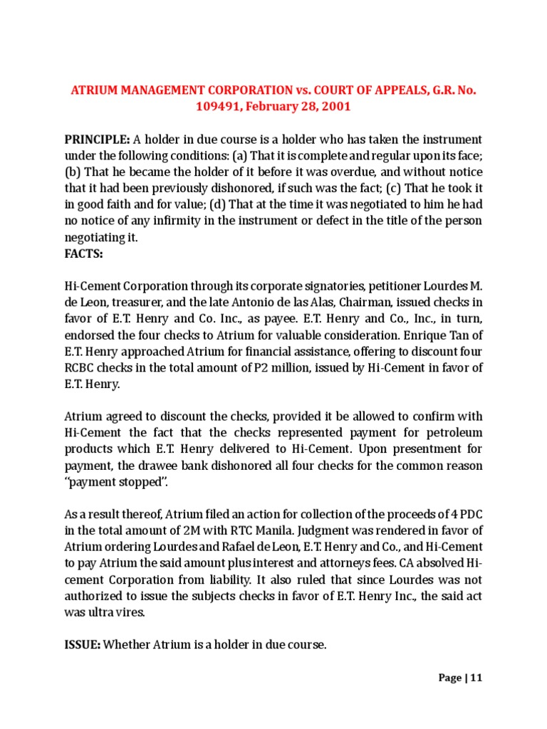 ATRIUM MANAGEMENT CORPORATION vs. COURT OF APPEALS | PDF | Negotiable ...