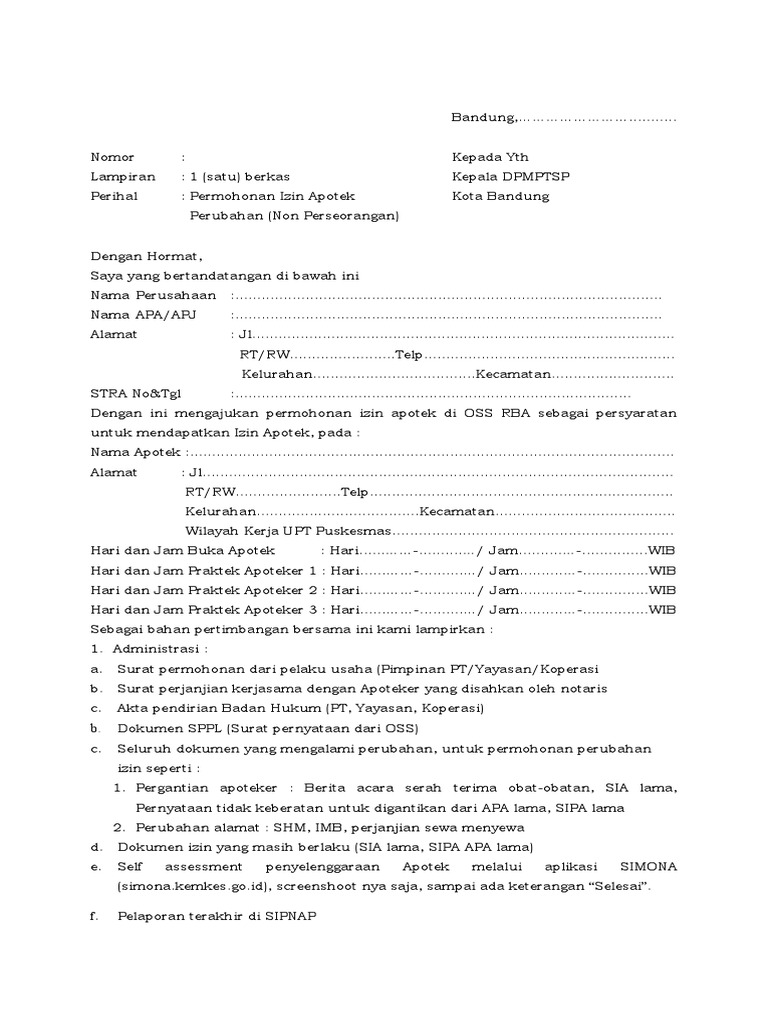 Form Permohonan Apotek Perubahan Izin Non Perseorangan Pergantian