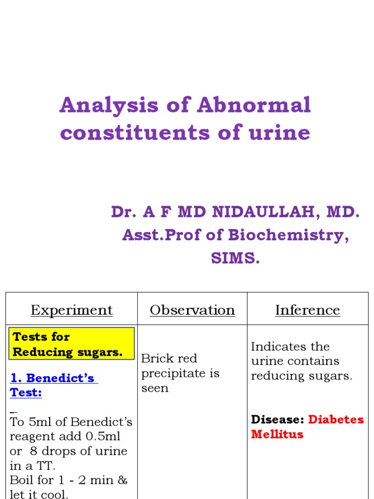 Urine Abnormalities: Tests & Inferences | PDF | Chemistry | Clinical ...