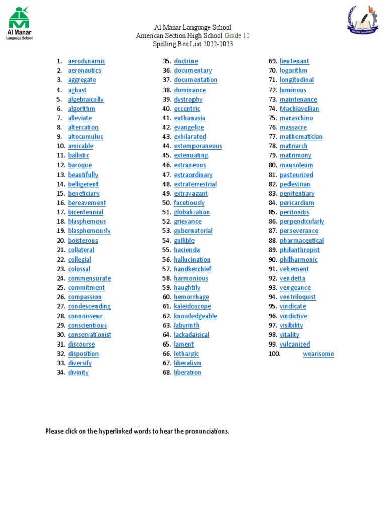 Grade 12 Spelling Bee | PDF