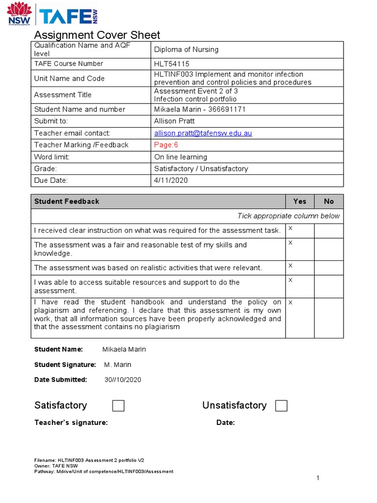 HLTINF003 Assessment 2 Infection Control Portfolio V2 2019-3 | PDF ...