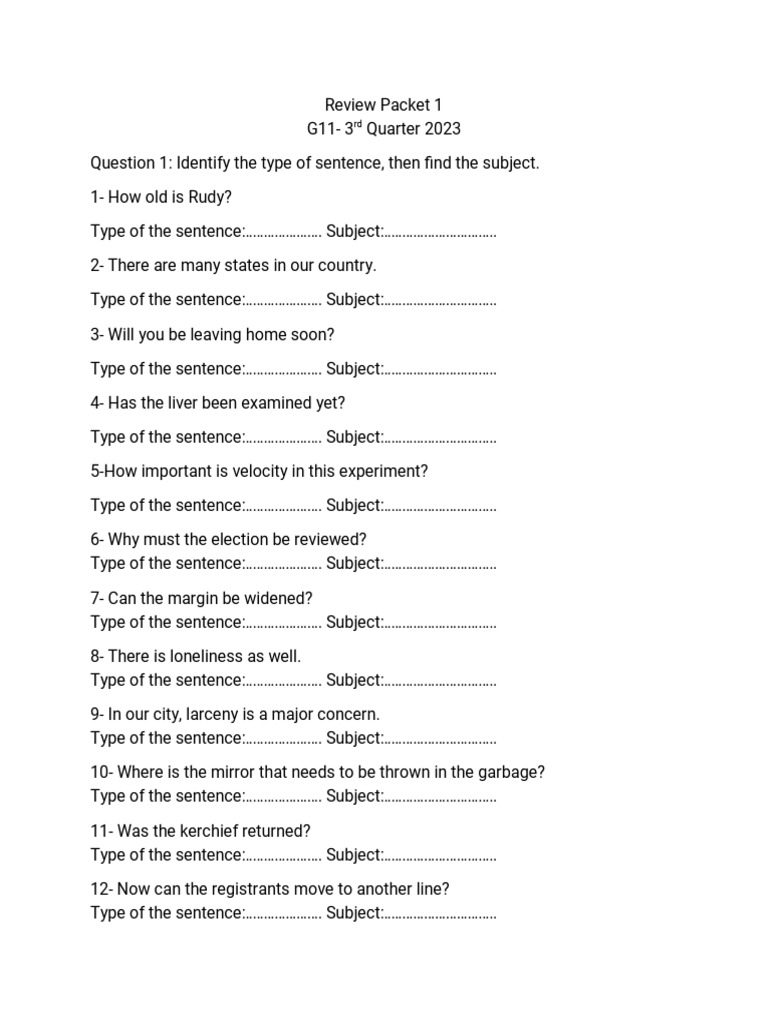 Sentence Structure Review Packet | PDF | Predicate (Grammar) | Adjective