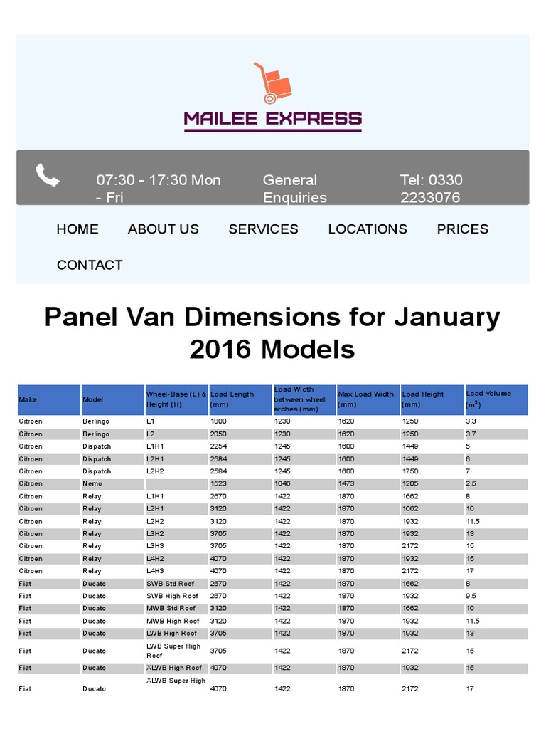 Panel Van Dimensions Overview 2016 | PDF | Business | Home & Garden