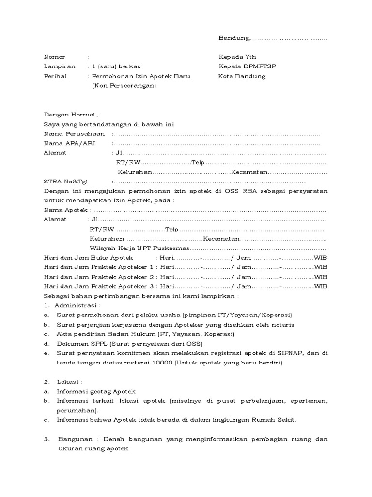 Form Permohonan Apotek Baru Non Perseorangan - OSS | PDF