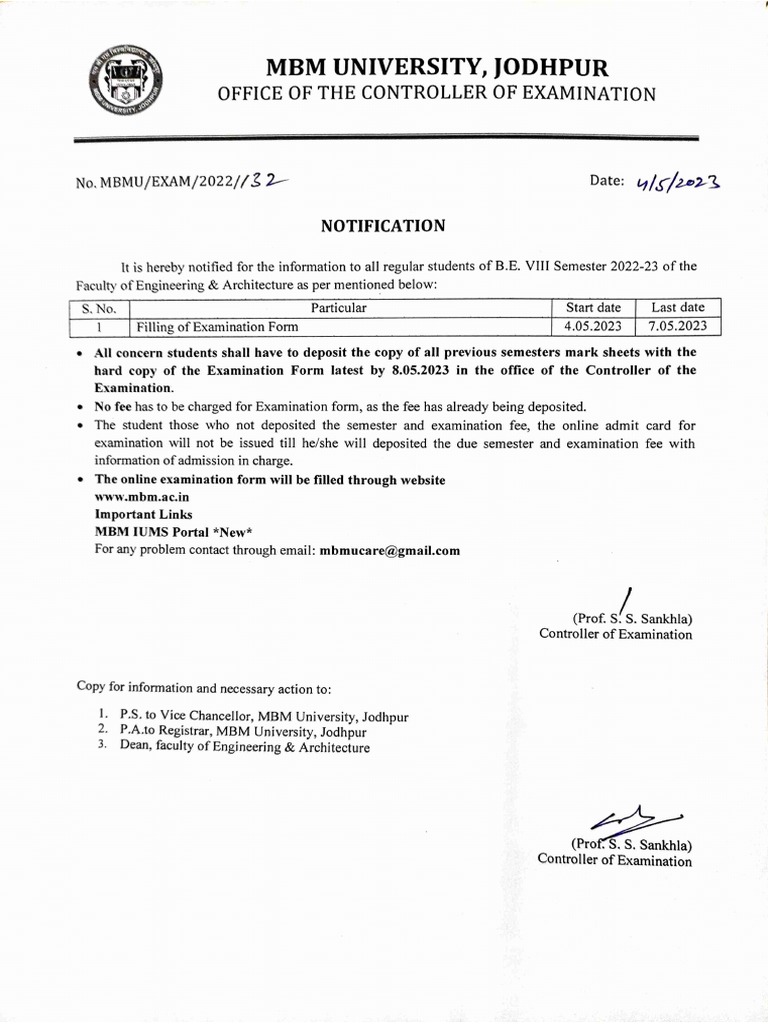 MBM Exam Form Notification 2023 | PDF