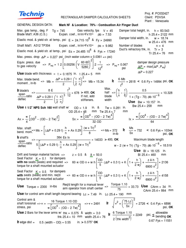 Mathcad - PC032427 Comb Air Dampers - 70% - Rev A | PDF | Mechanics ...