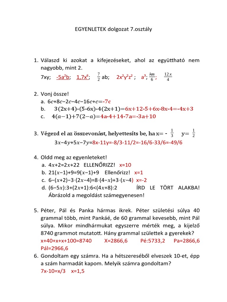 EGYENLETEK 7. Javítás 2 | PDF