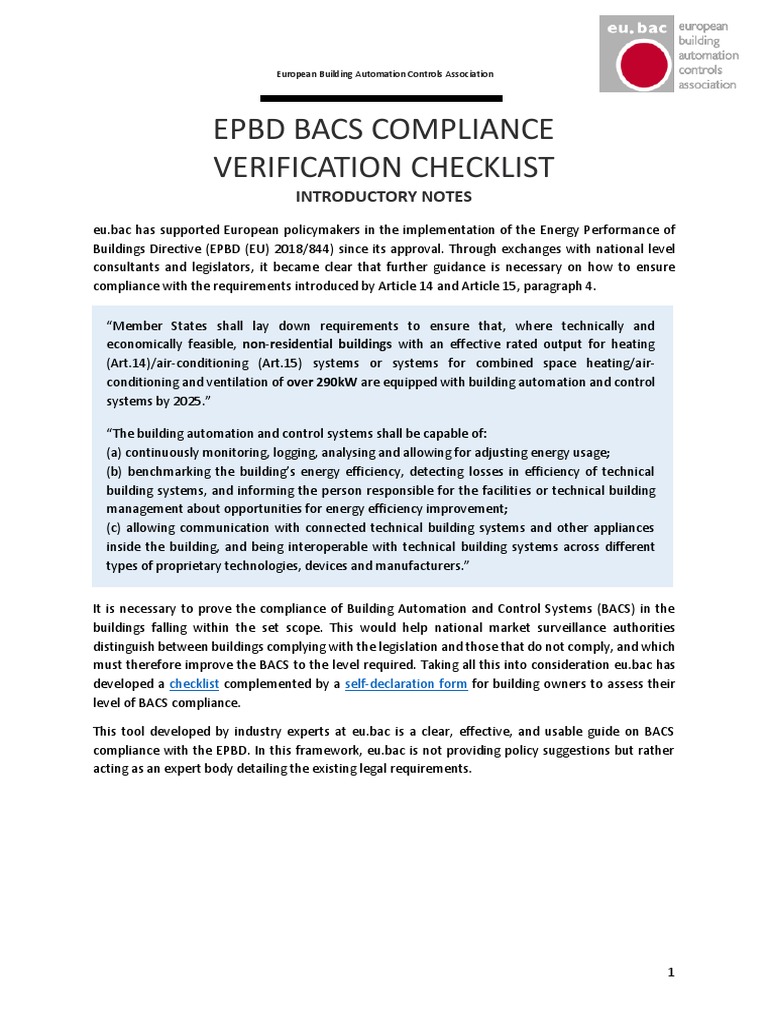 Epbd - Bacs Compliance Verification Checklist - Introductory Notes ...