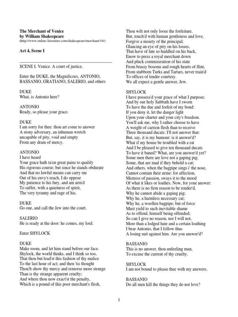 Unit 2.1 The Merchant of Venice - Act IV. Scene I | PDF | The Merchant ...