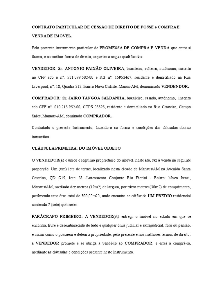 Contrato Particular De Cessão De Direito De Posse E Compra E Venda De