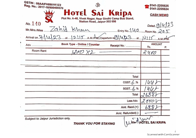 Hotel Bill Zahid | PDF