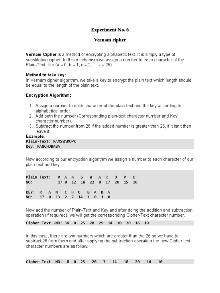 Expt 6 Vernam Cipher | PDF