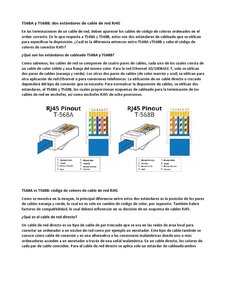 Estándares T568A y T568B en cables RJ45 | PDF | Red de computadoras ...