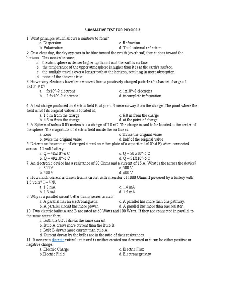 Summative Test For Physics 2 | PDF | Series And Parallel Circuits ...