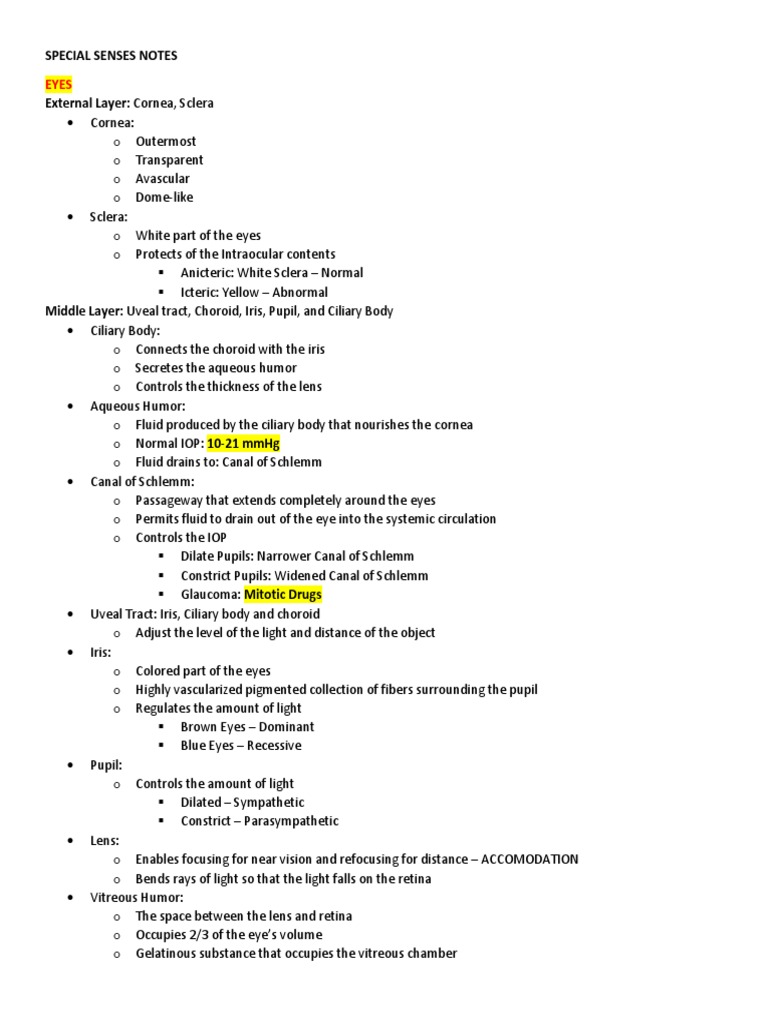 Special Senses Notes | PDF | Ear | Hearing