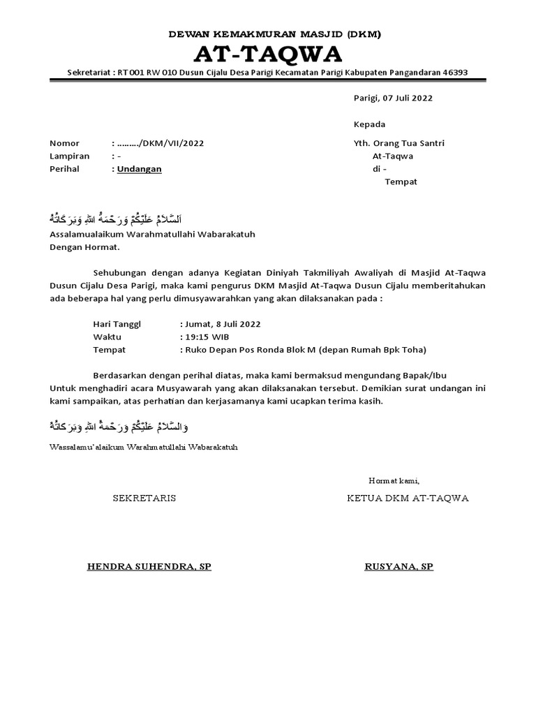 Surat Undangan DKM At-Taqwa DTA | PDF