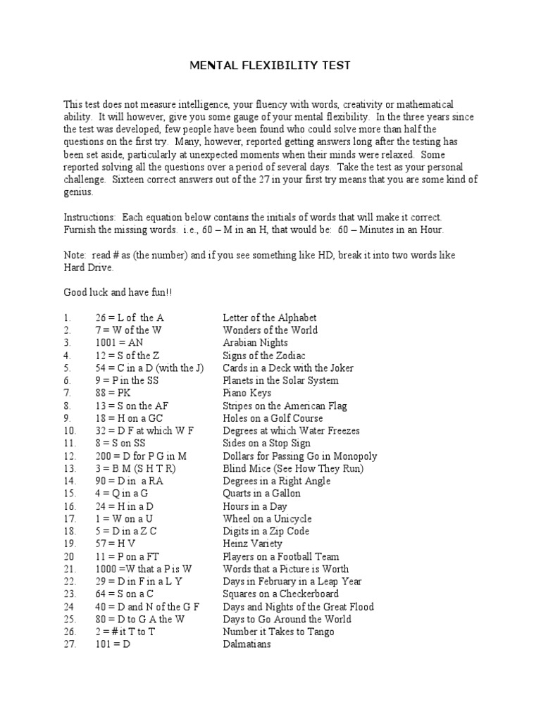 Mental Flexibility Test Answers | PDF