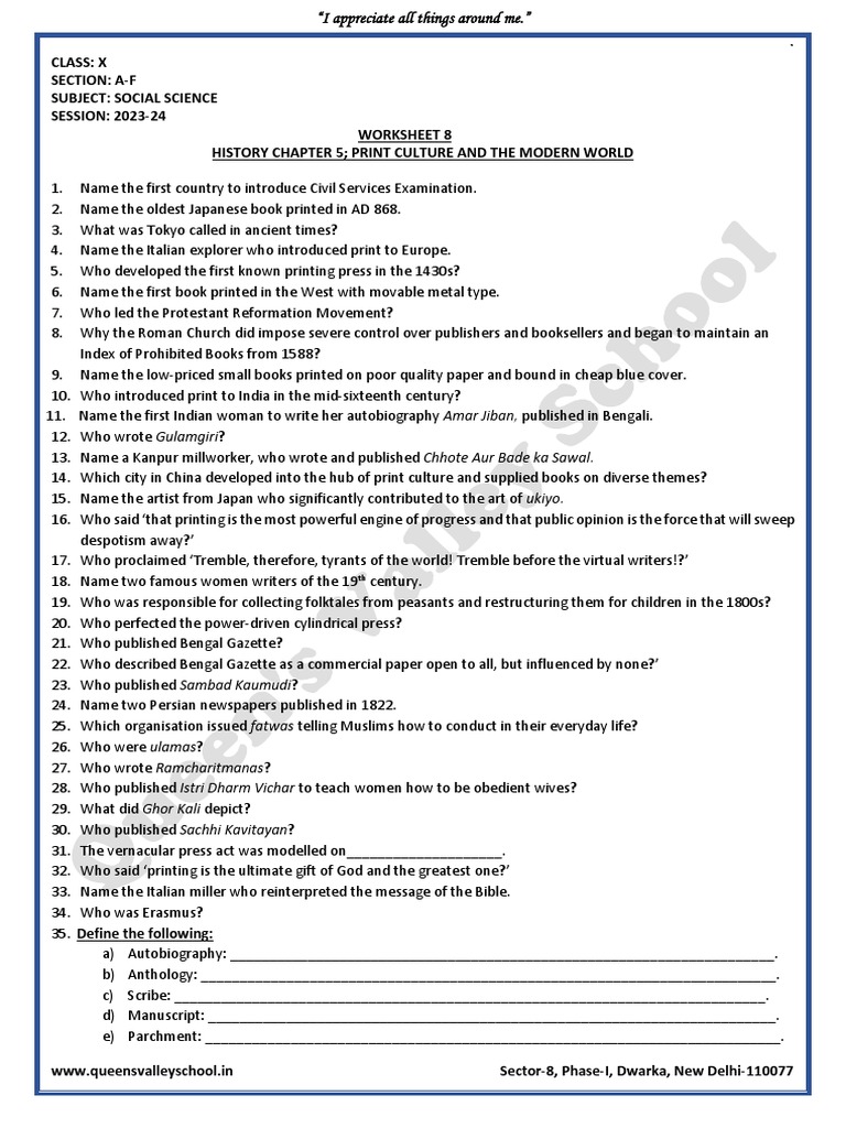 X - S.SC - WORKSHEET 8 | PDF | Books