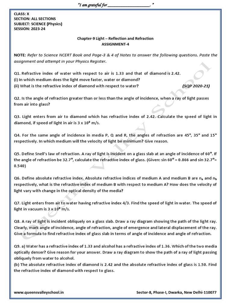 X - Science - Physics - Ch-9 Light - Assignment-4 | PDF | Refractive ...