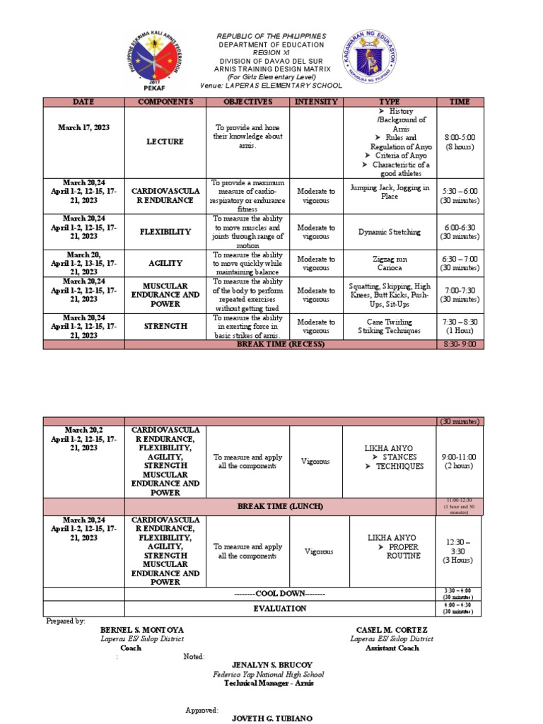 TRAINING-MATRIX-ARNIS-GIRLS-ELEMENTARY | PDF | Aerobic Exercise ...