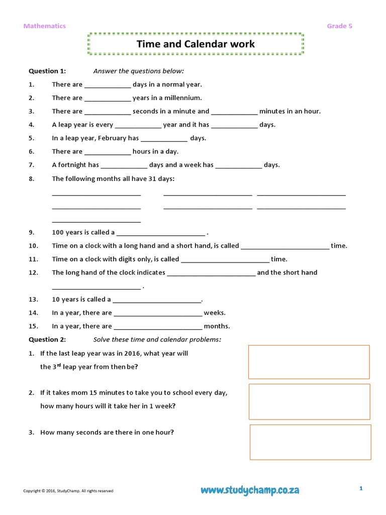 Time and Calendar Worksheets for Grade 5 | PDF | Year | Units Of ...