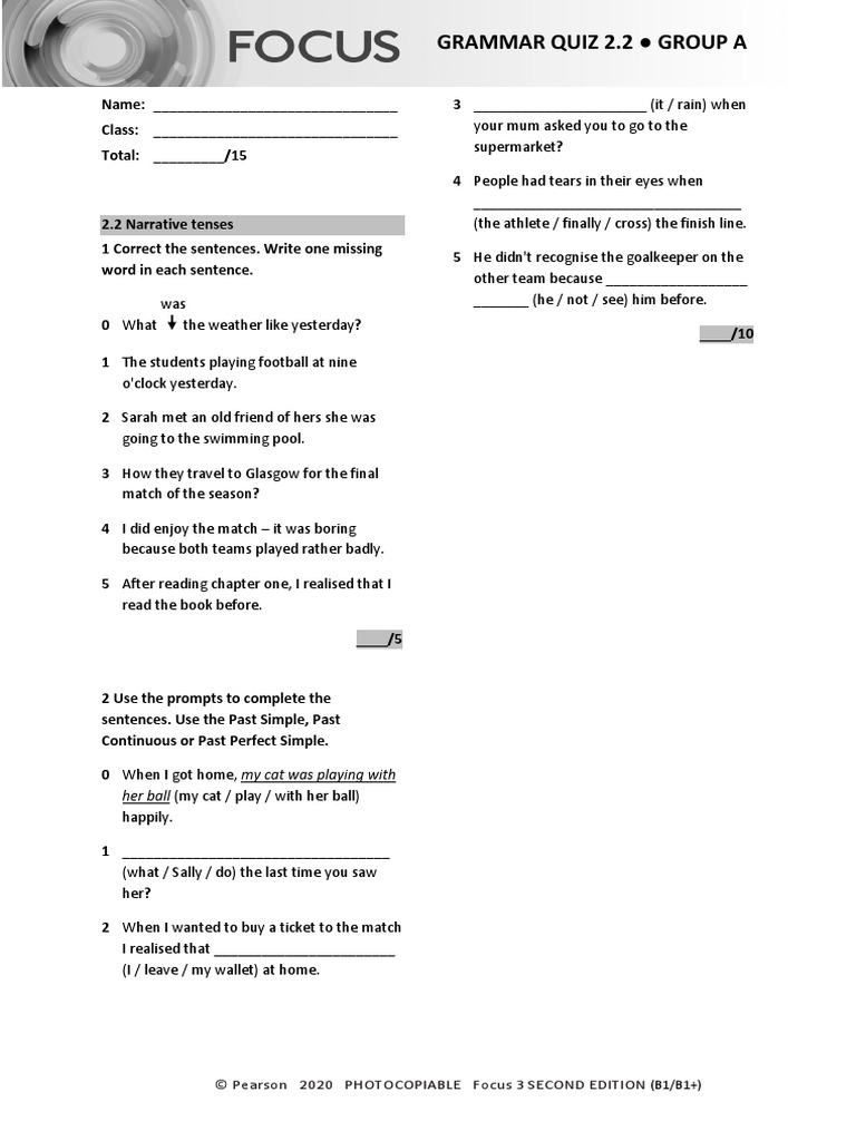 Focus3 2E Grammar Quiz Unit2 2 GroupA | PDF