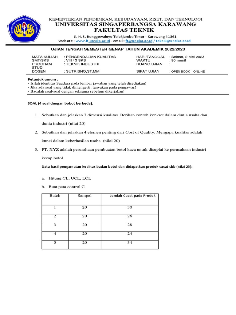 Soal - Teknik Industri - Pengendalian Kualitas - Sutrisno, ST - MM - Uts-2022-2023 PDF | PDF