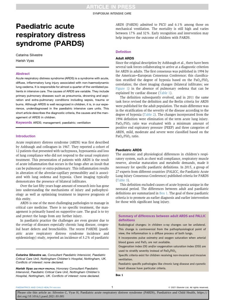 Paediatric acute respiratory distress syndrome (PARDS) | PDF | Diseases ...