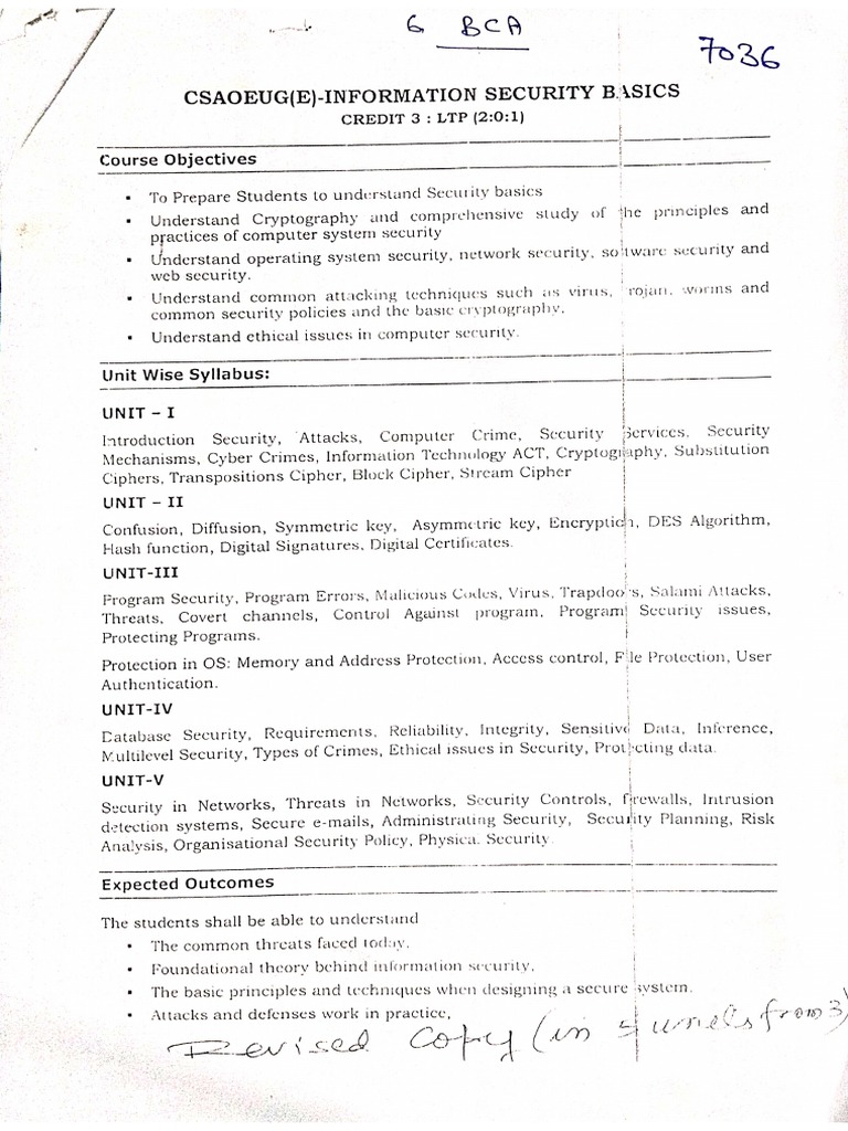 Revised 6bca Paper Code 7036 Information Security Basics Syallbus | PDF Revised 6bca Paper Code 7036 Information Security Basics Syallbus | PDF