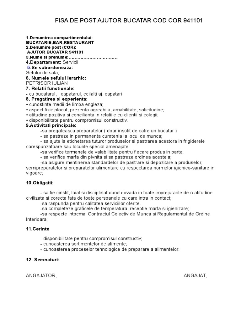 Fisa de Post Ajutor Bucatar | PDF Fisa de Post Ajutor Bucatar | PDF