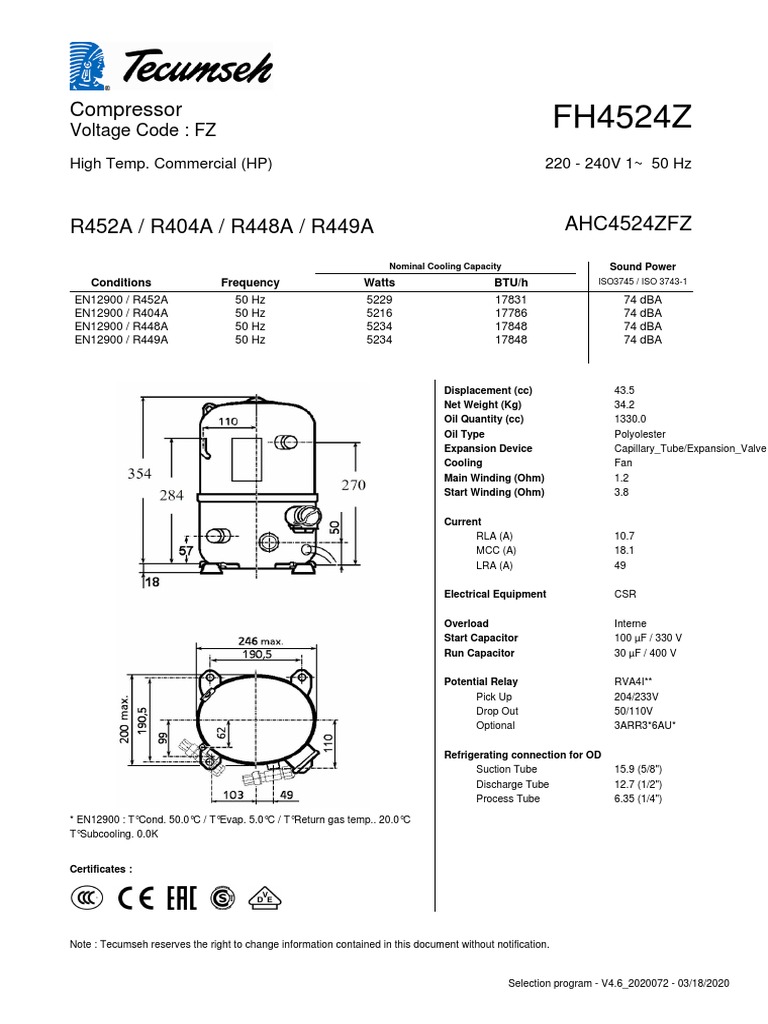 Technical Specifications Tecumseh Compressor 2HP R404 MHBP FH4524Z V ...