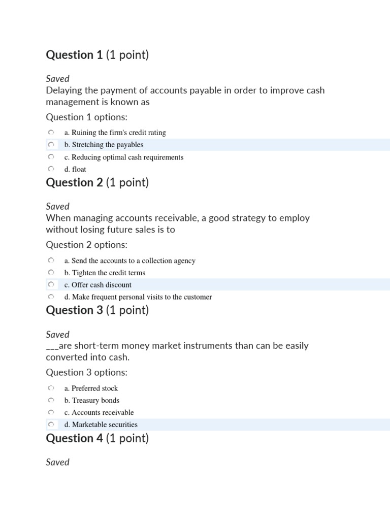 Working Capital Management Assessment: Multiple Choice Questions on ...