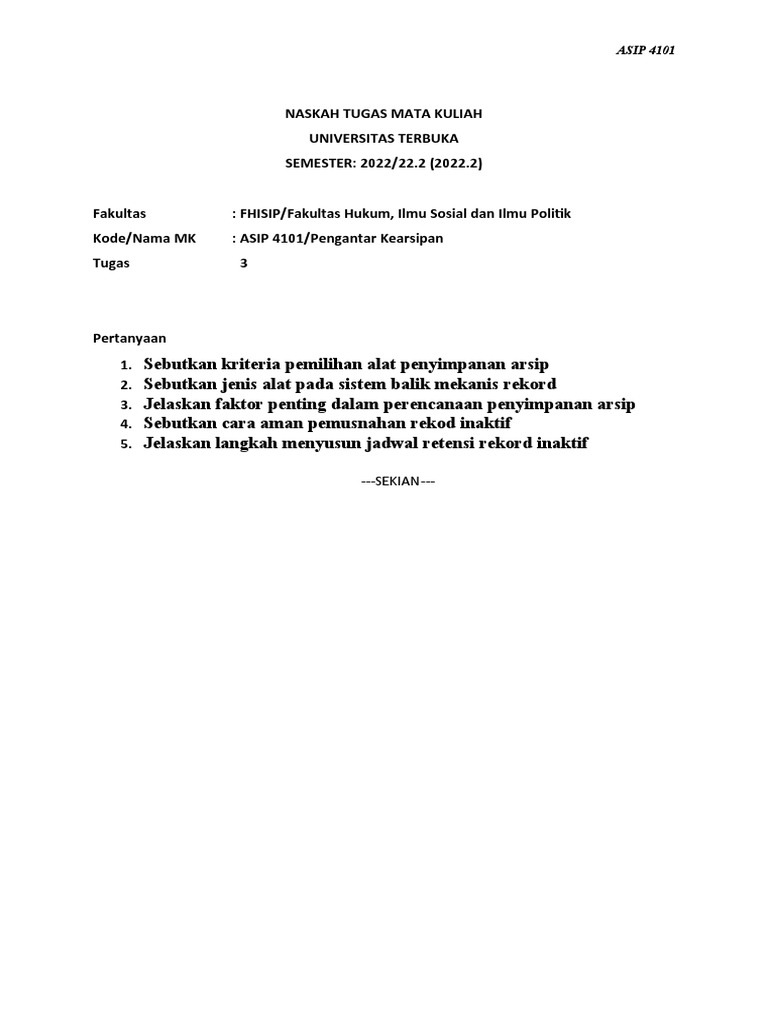 Tugas 3 - P.ilmu Kearsipan - Usup Supriadi - 042077828 | PDF