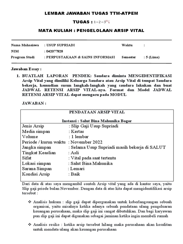 Tugas 3 - Pengelolaan Arsip Vital - Usup Supriadi - 042077828 | PDF | Karier & Perkembangan ...