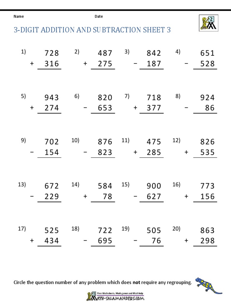 3-Digit Addition and Subtraction Worksheet | PDF