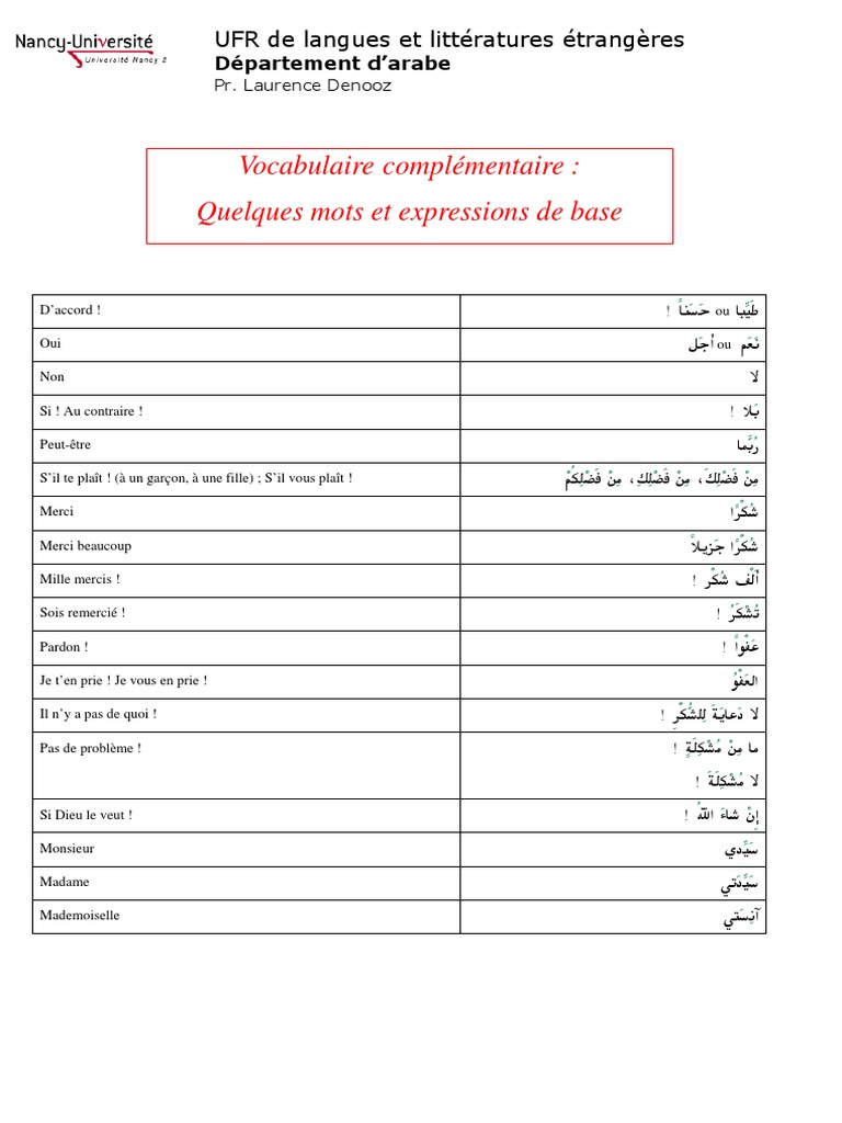 Vocabulaire de base français-arabe | PDF | Linguistique