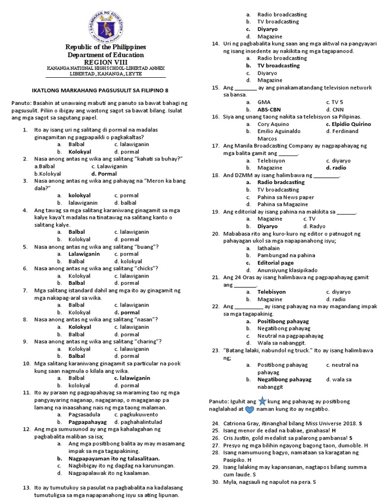Exam Filipino 8 | PDF