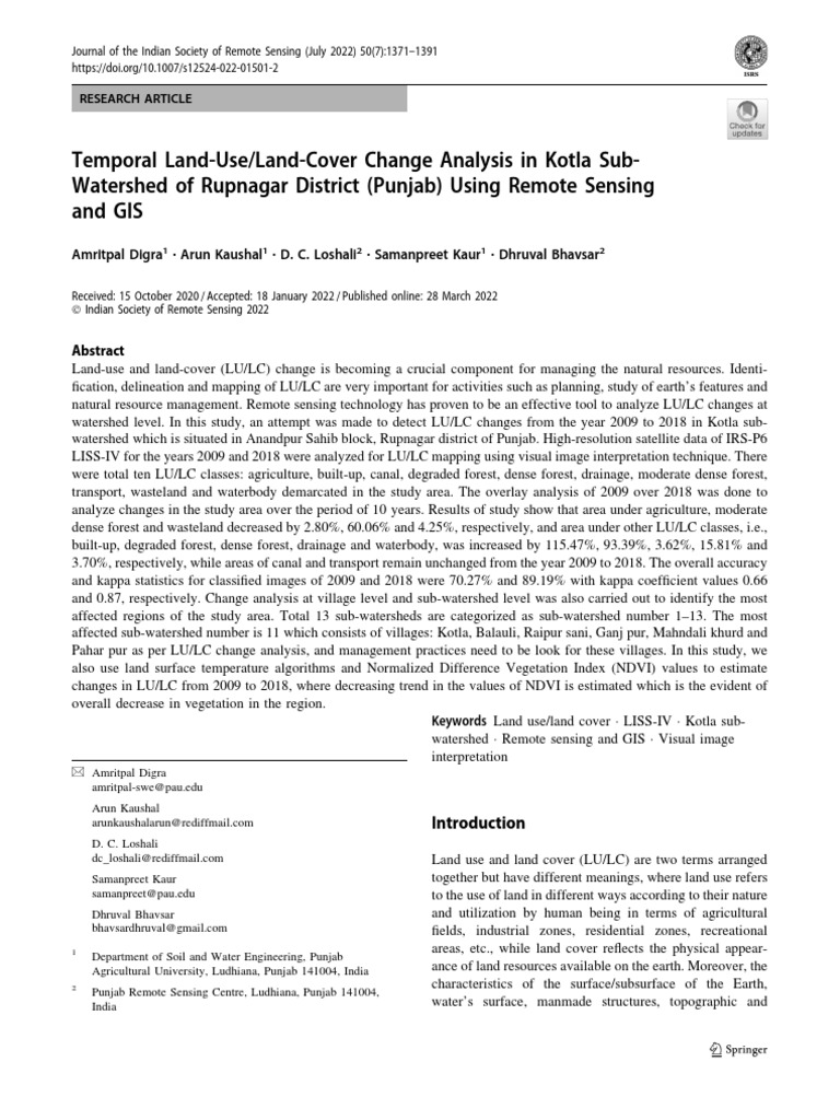 Temporal Land-Use Land-Cover Change Analysis in Kotla Sub-Watershed of ...