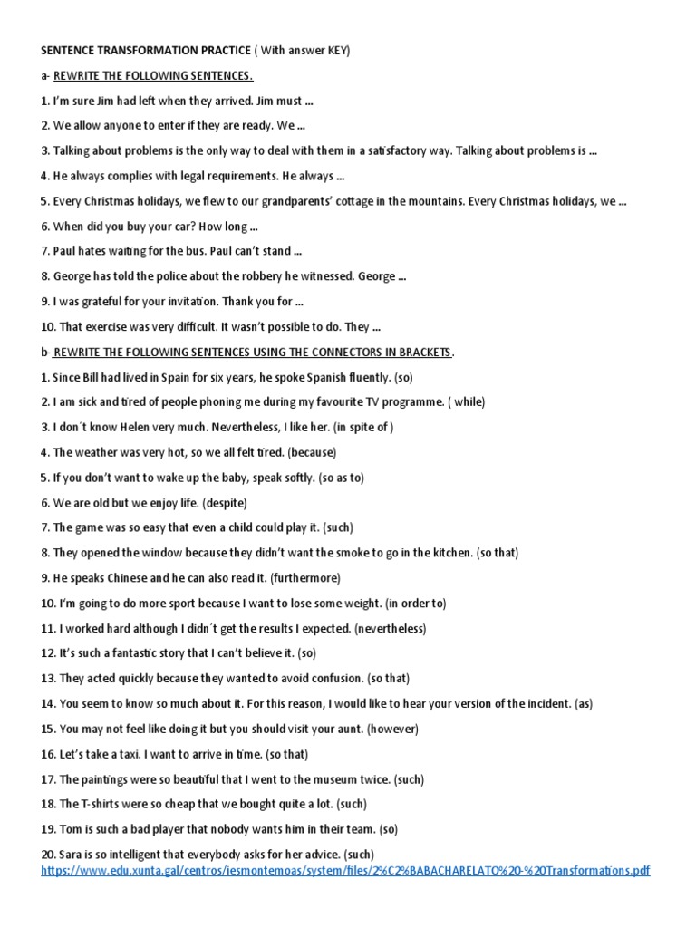Sentence Transformation Practice 2 Connectors | PDF
