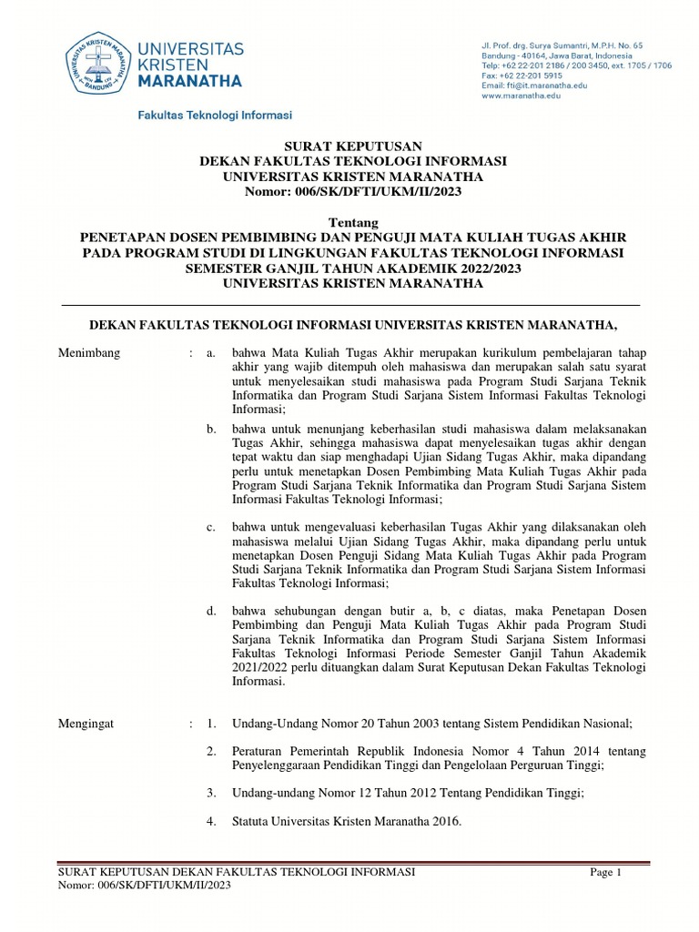 006_SK_DFTI_UKM_II_2023 PENETAPAN DOSEN PEMBIMBING DAN PENGUJI TA GANJIL 2022_2023 | PDF