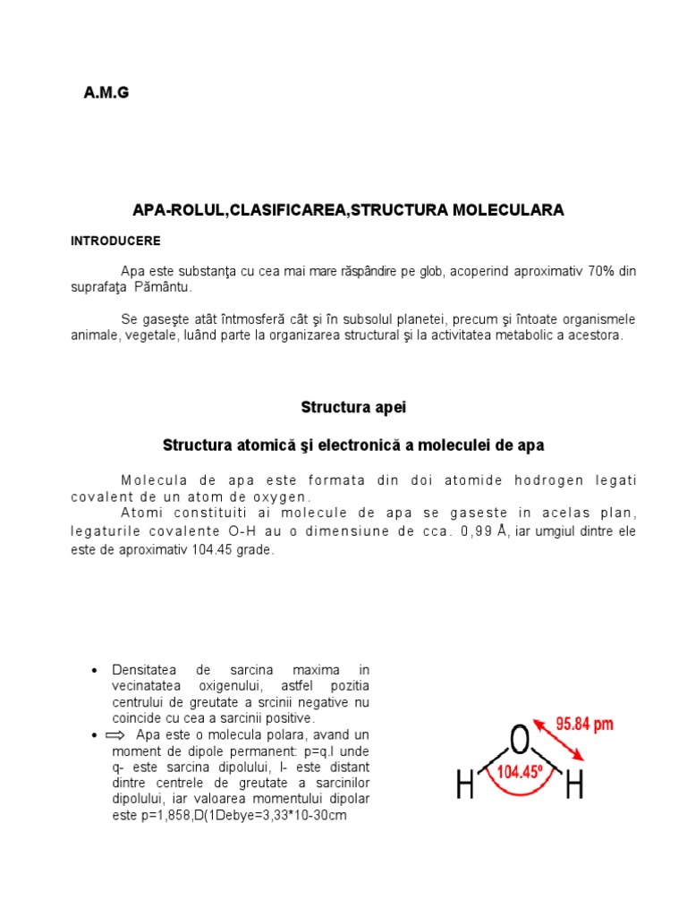 Biofizica Moleculara Apei - Rolul, Clasificarea, Structura Moleculara ...