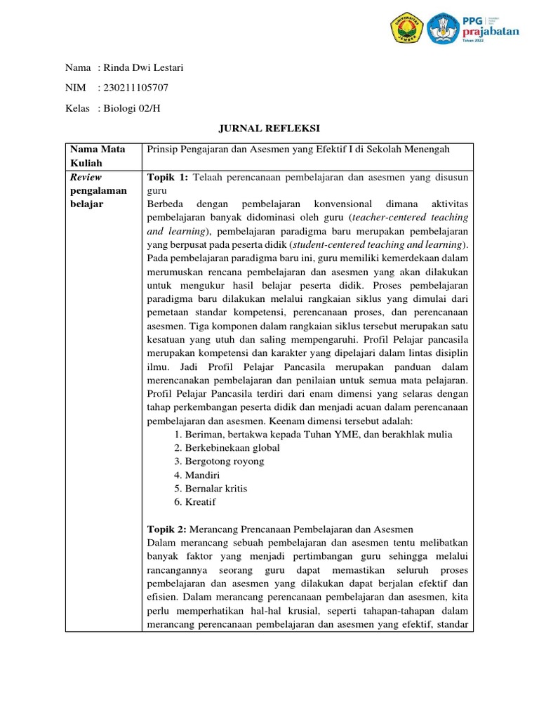 Jurnal Refleksi - Rinda Dwi Lestari - Prinsip Pengajaran Dan Asesmen ...