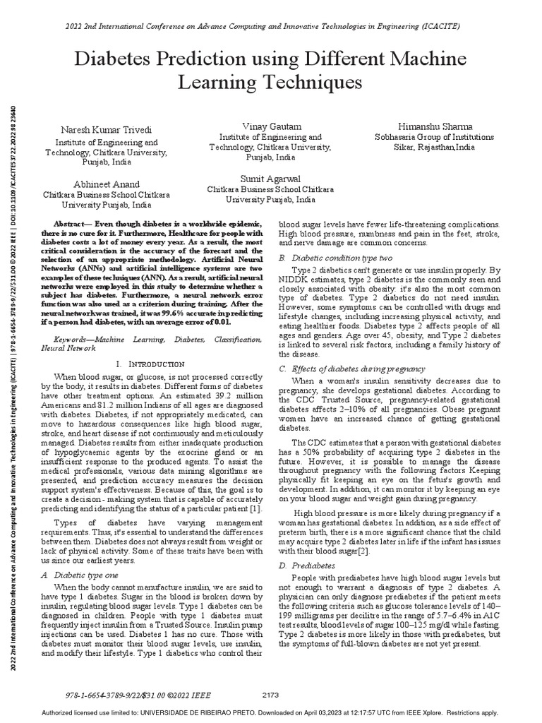 Diabetes Prediction Using Different Machine Learning Techniques Pdf