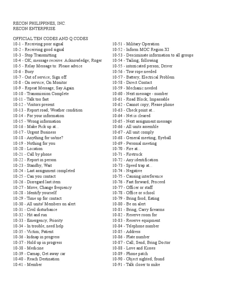 Ten Codes | PDF | Telephone | Traffic