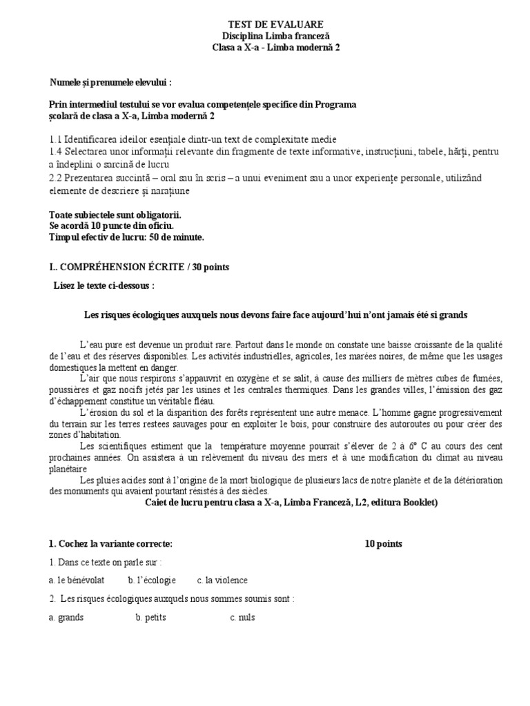 Test de français pour la classe X - Écologie | PDF | Eau | la pollution
