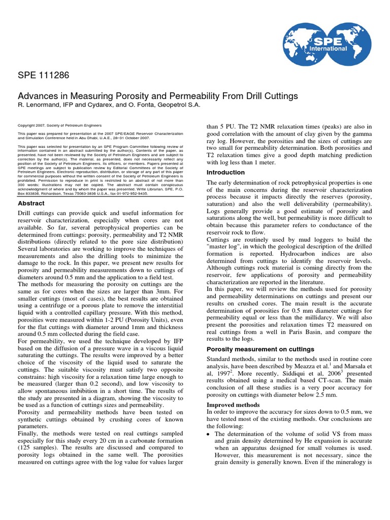 SPE-111286 Advances in Measuring Porosity and Permeability From Drill Cuttings | Download Free ...