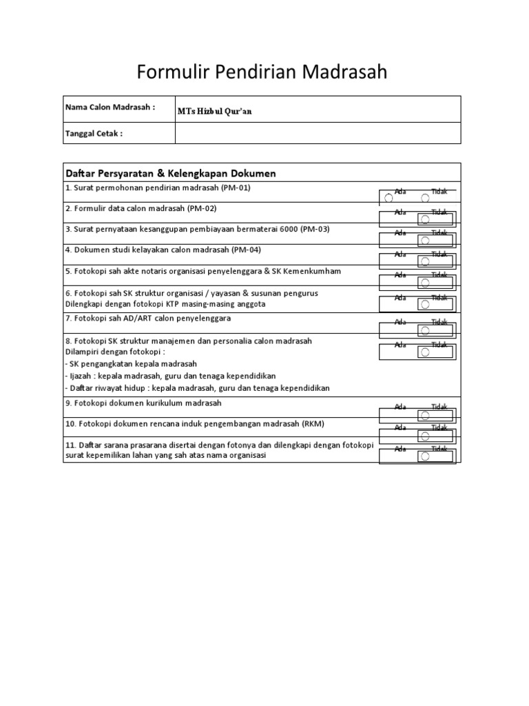 Formulir Pendaftaran Madrasah PDF | PDF